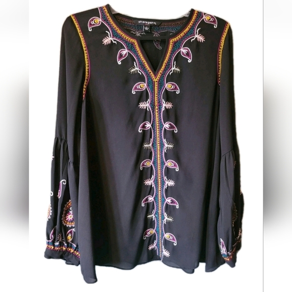 Sharagano | Tops | Womens Peasant Blouse Large Black Paisley Embroidery ...
